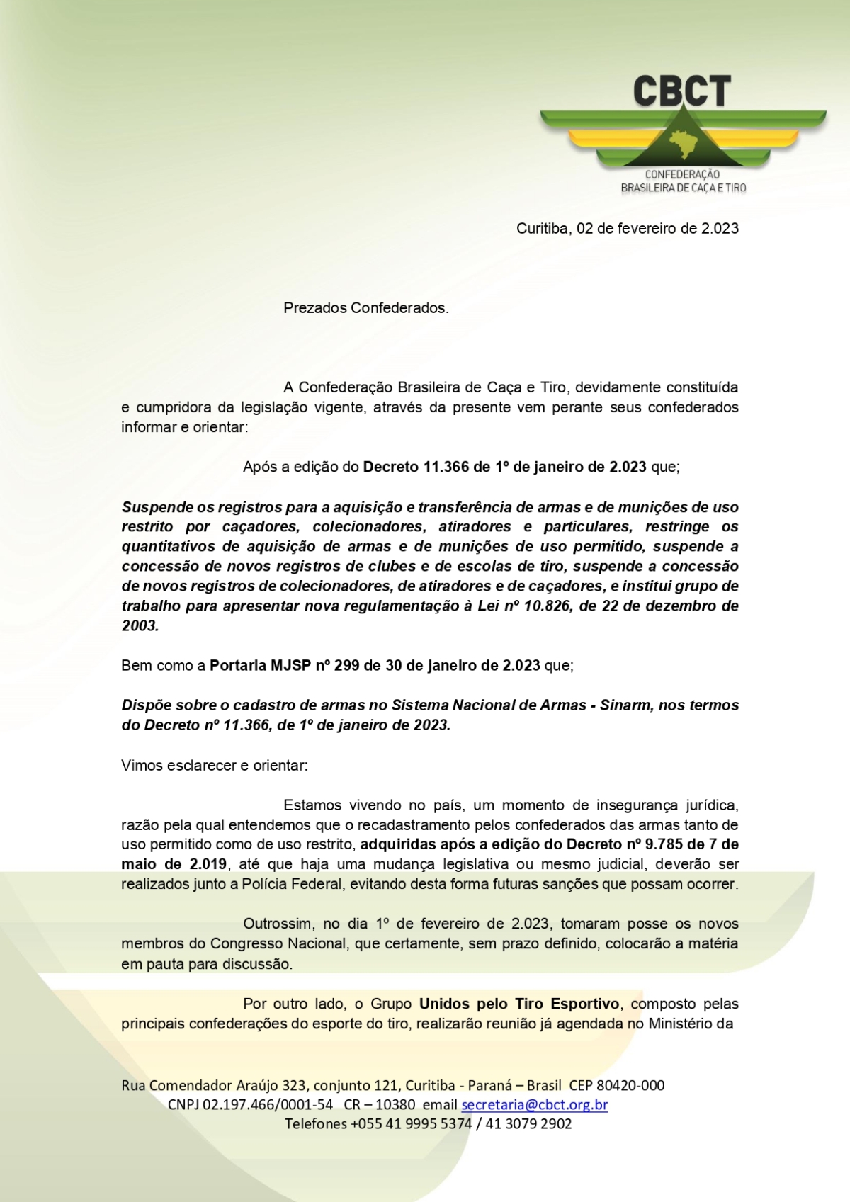 ORIENTAÇÃO DA CBCT SOBRE O RECADASTRAMENTO DE ARMAS JUNTO AO SINARM - CBCT
